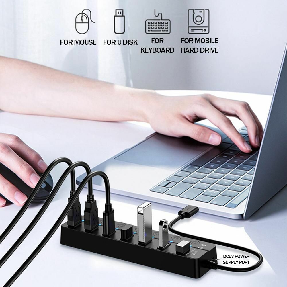 USB Hub Разветвитель для ноутбука/ USB хаб 3.0/ USB разветвитель на 7 портов/ usb hub с переключателем