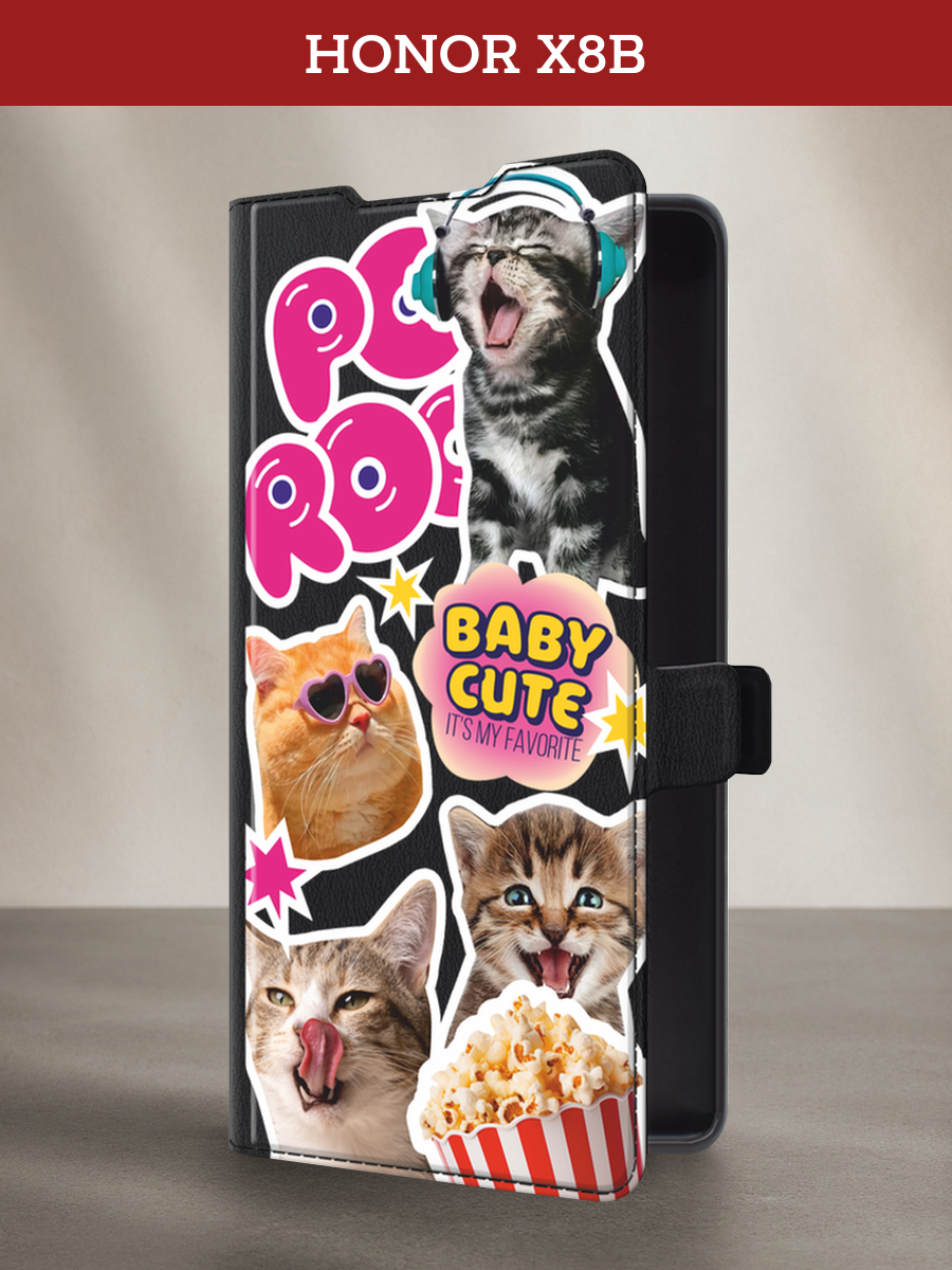 Чехол-книжка на Honor X8B / Хонор Х8B с принтом Popcorn cats, черный