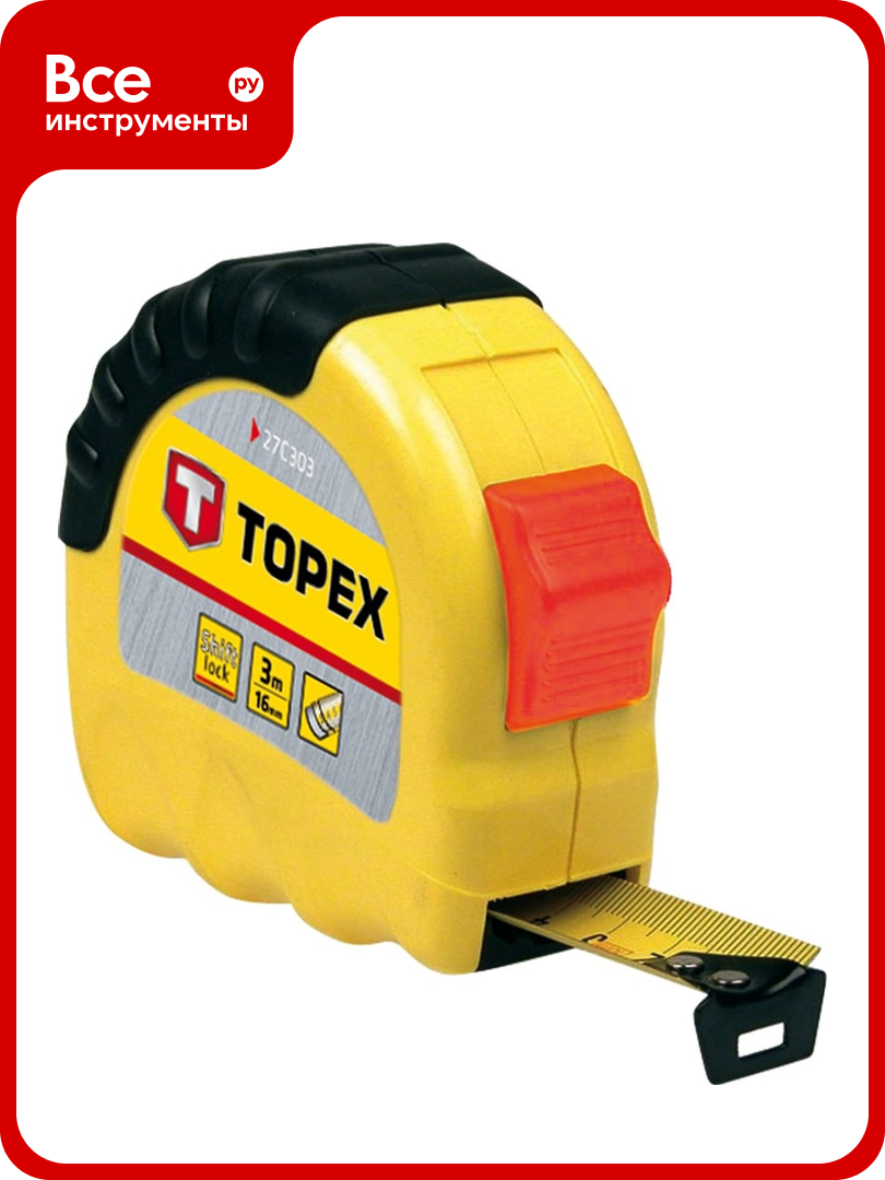 Рулетка TOPEX со стальной желтой лентой, двухкомпонентный корпус, клипса для ремня, шкала в сантиметрах