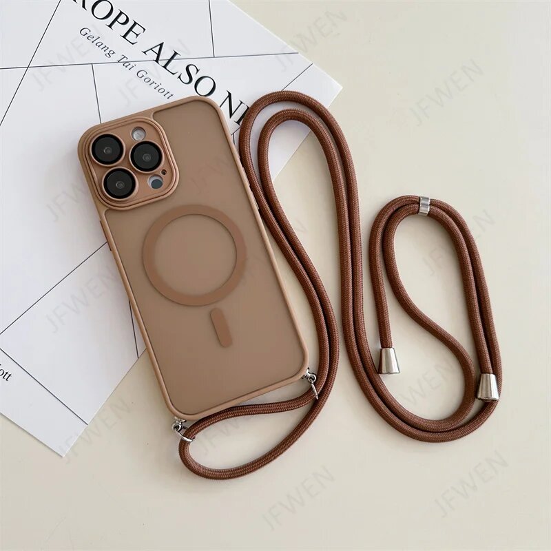 Магнитный чехол с ремешком через плечо для iPhone 17, Air 16, 16E, 15, Айфон 16 Про Макс, Gray Brown