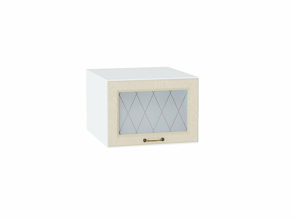 Шкаф верхний горизонтальный остекленный глубокий Ницца, цвет фасада Дуб крем, цвет каркаса Белый, стекло White Сrystal, 358*500*574 мм