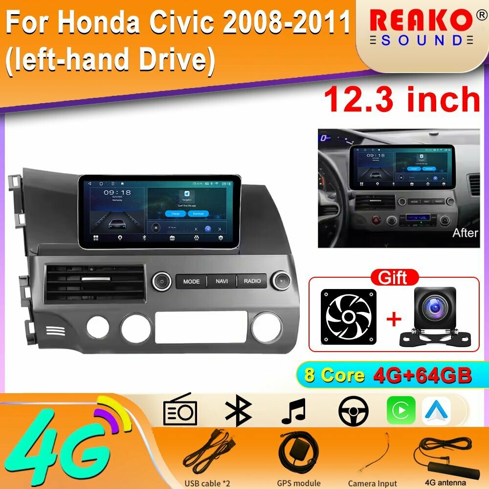 Магнитола для Honda Civic 2008-2011(left-hand Drive) , с камерой заднего вида. IPS экран 12.3 дюймов, Wifi 2din с сенсорным экраном, usb и блютузом.