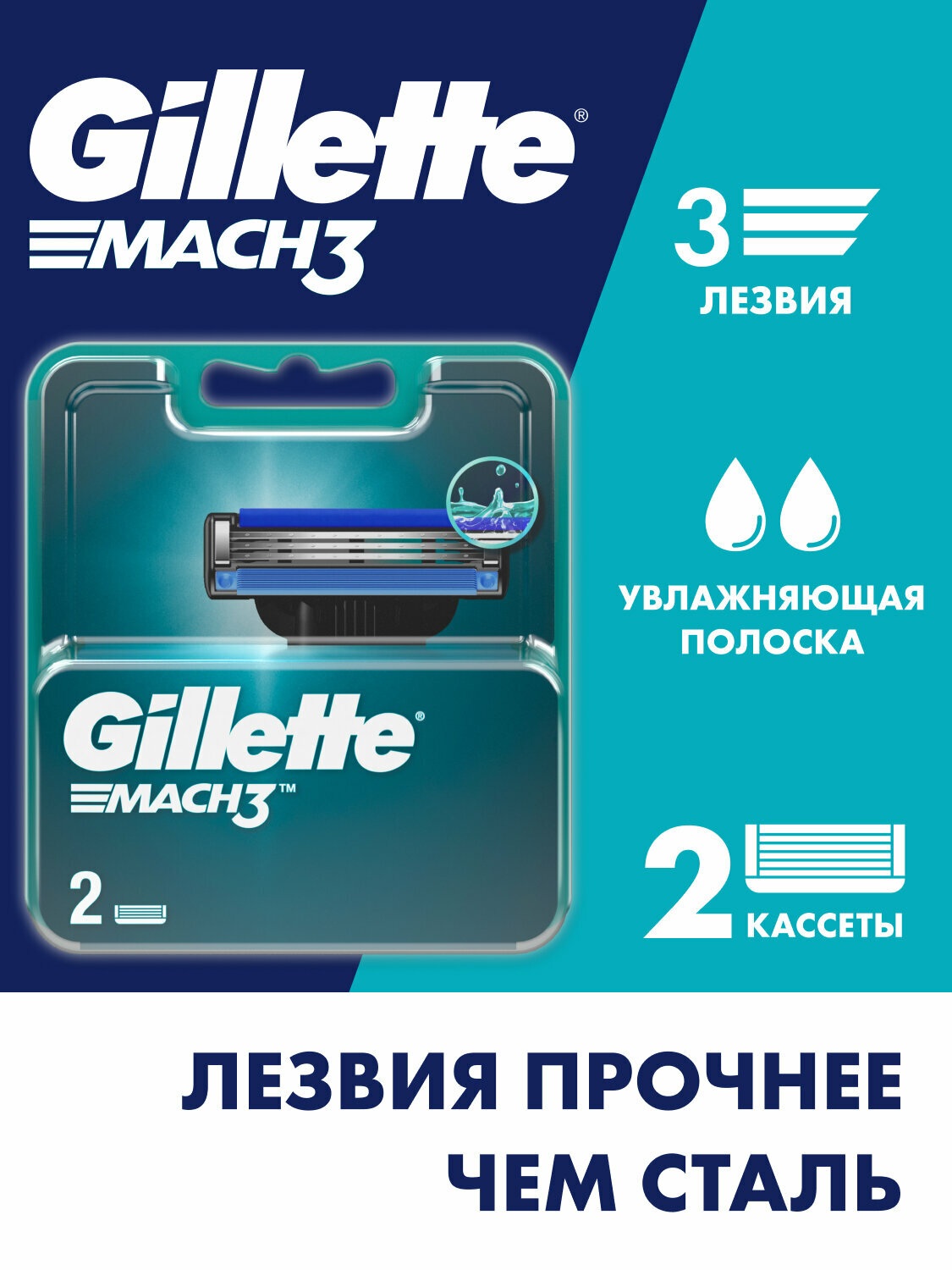 GILLETTE Mach 3 Сменные кассеты для бритья с 3 лезвиями, мужские, 2 шт