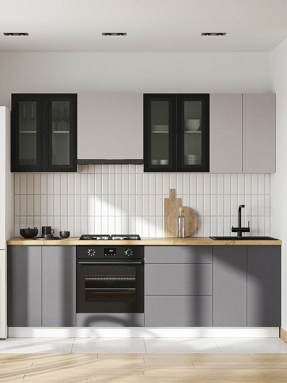 Кухонный гарнитур Тандем 2.4 м, мебель для дома и кухни, Белый / Черный матовый / Графит