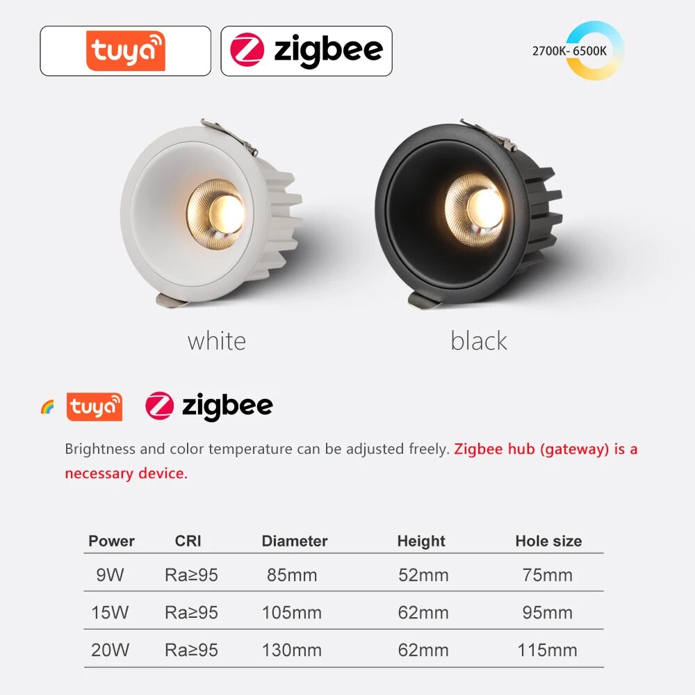 Встраиваемый светильник LINGYU 9W Black, Zigbee 2700-6500K