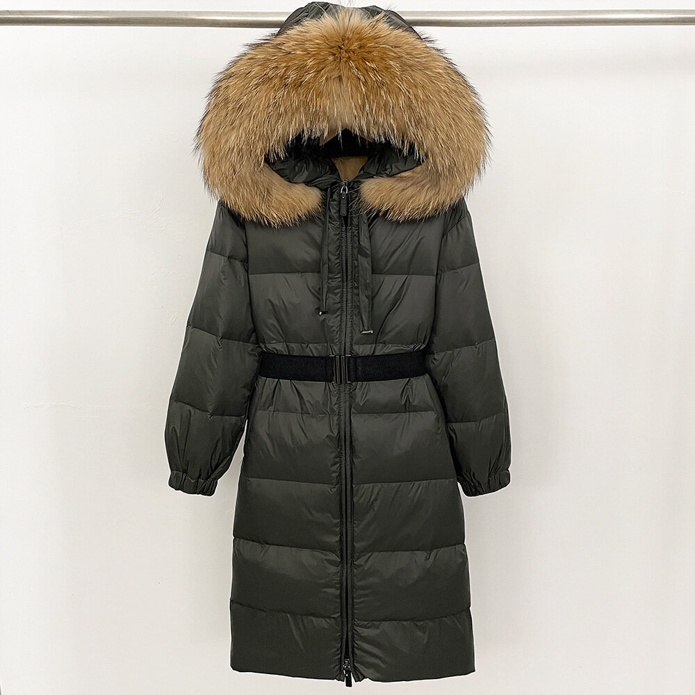 Зимняя длинная женская куртка-пуховик с большим меховым воротником и капюшоном, высококачественная куртка из белого утиного пуха, универсальное теплое пальто выше колена