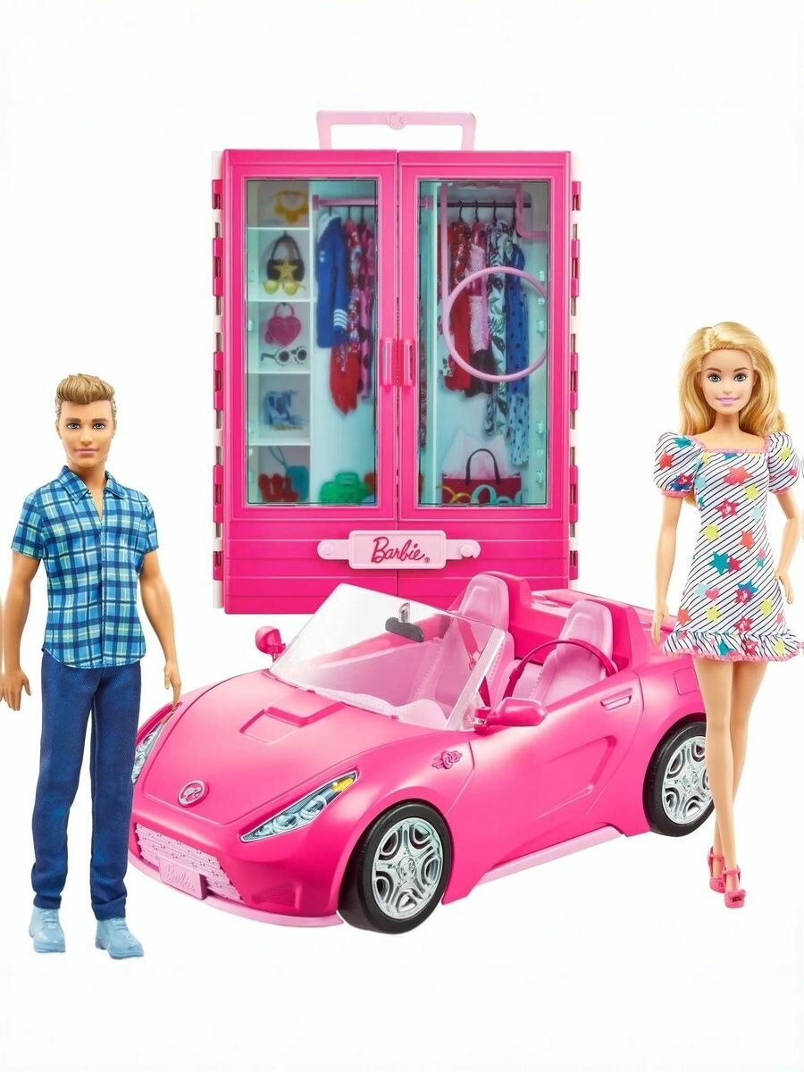 Игровой набор Mattel Barbie Барби и Кен с гардеробом и розовой машиной кабриолет GVK05