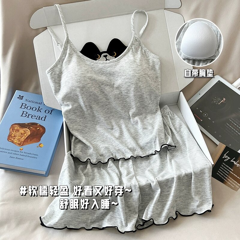 Пижама с подвязками из модального хлопка, женская, новинка 2025 года, со встроенной нагрудной подкладкой, сексуальная домашняя одежда, летний костюм