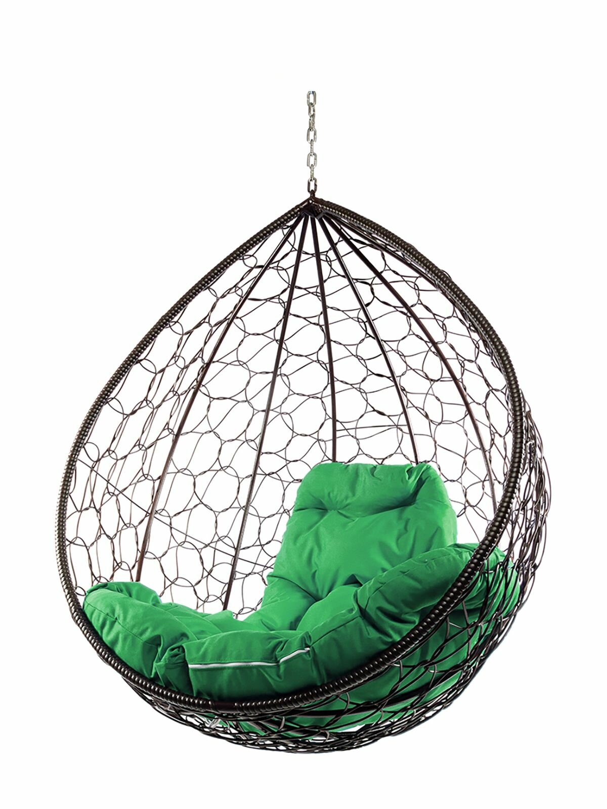 Подвесное кресло капля (без стойки), с ротангом коричневое, зеленая подушка
