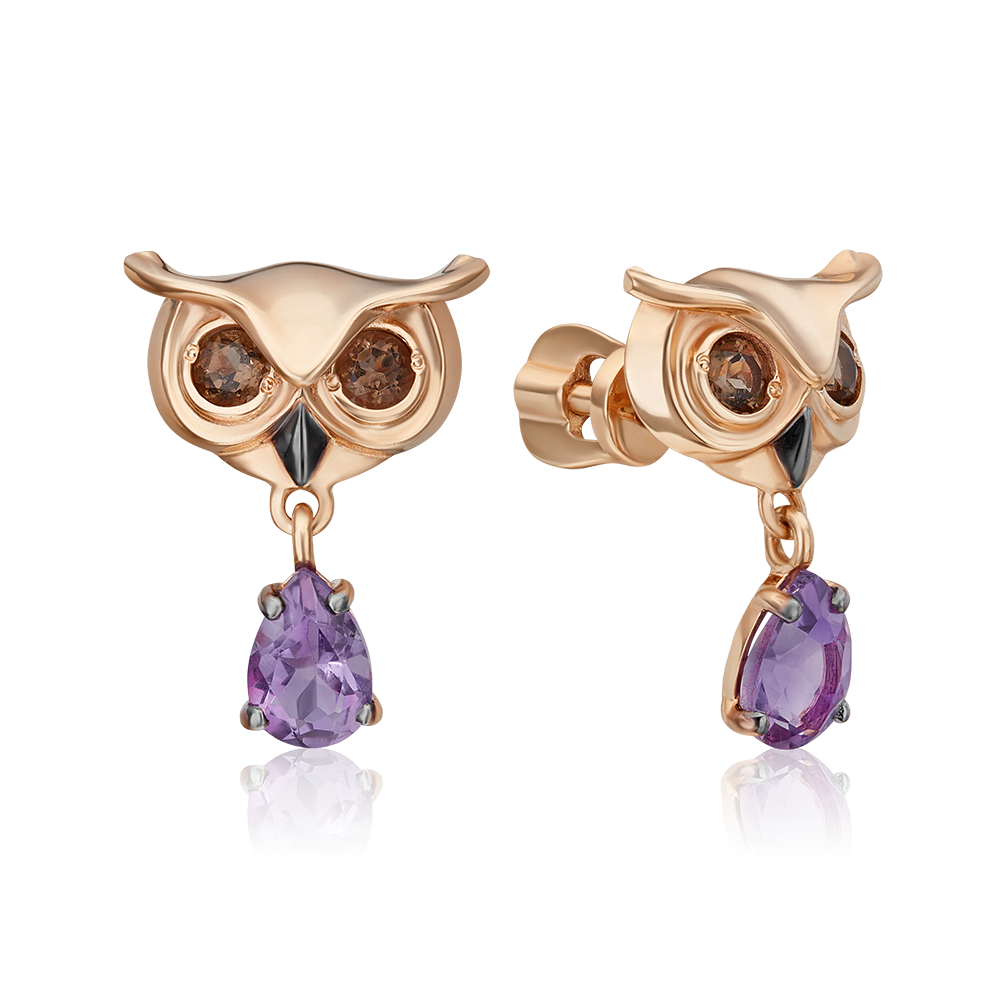 Серьги, красное золото, 585 проба, кварц, аметист