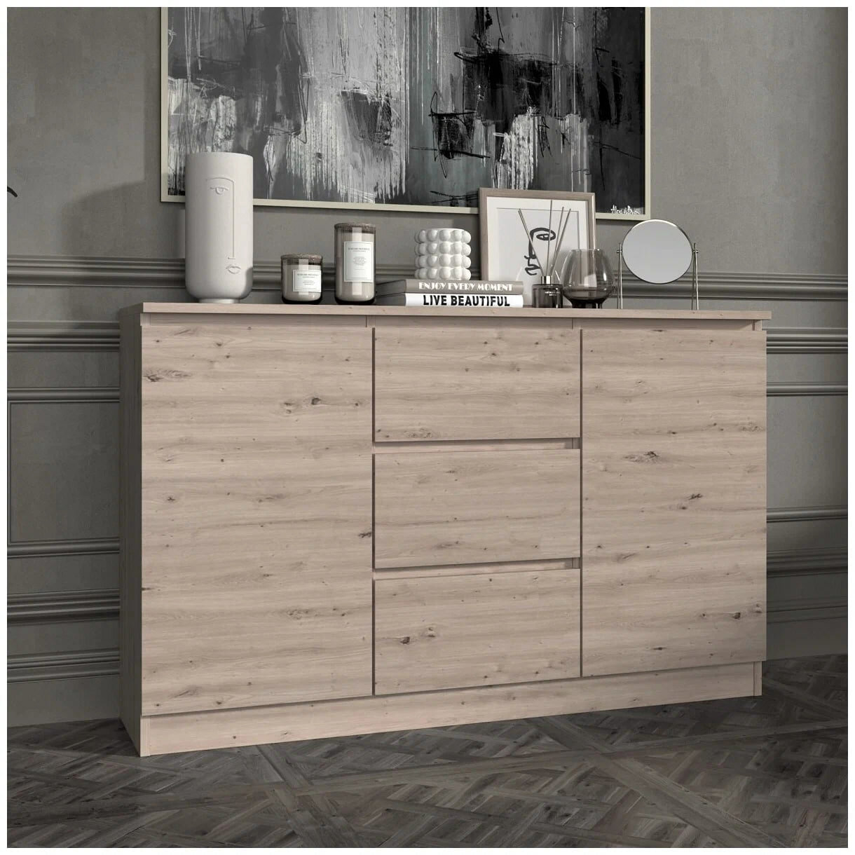Комод "Норд" № 3, Форес, 3 ящика и 2 дверки, ЛДСП (1204 х 400 х 770 см), Дуб крафт серый