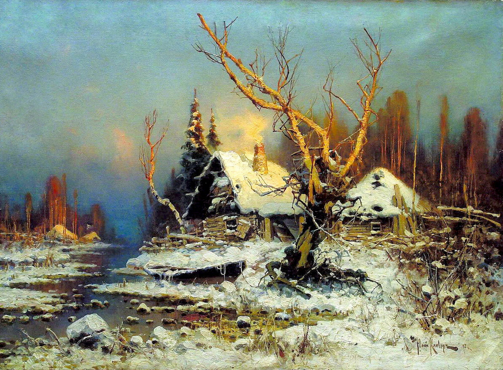 Картина Юлия Клевера " Зимний пейзаж с избушкой 1897" 58х80 см