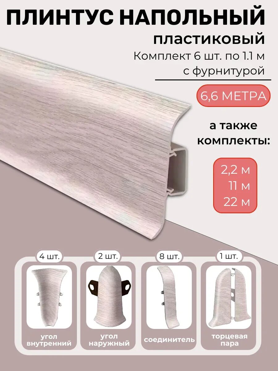 Плинтус напольный пластиковый Идеал, 6.6м ясень, с фурнитурой в комплекте