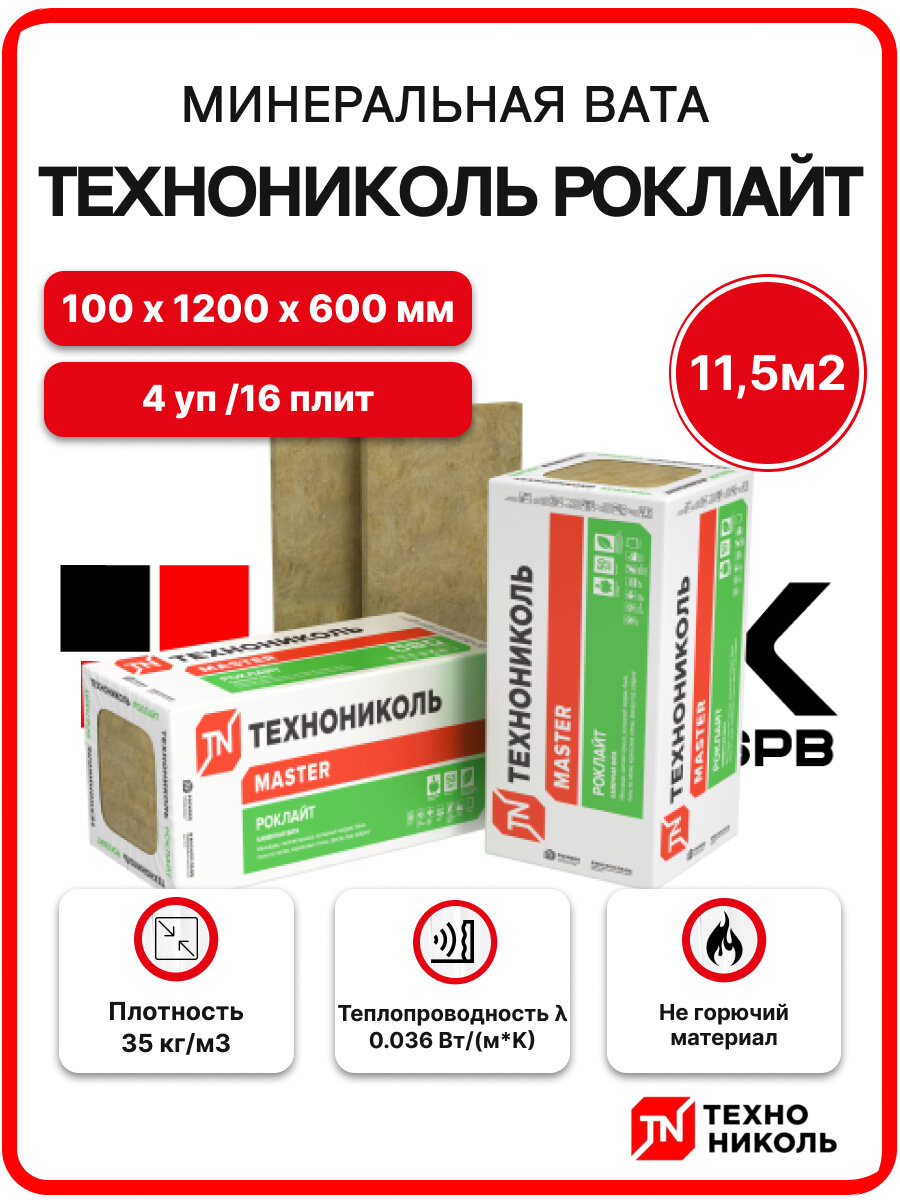 Технониколь Роклайт 100 мм (4 уп / 16 плит / 11,5 м2) минеральная вата для стен, пола, кровли