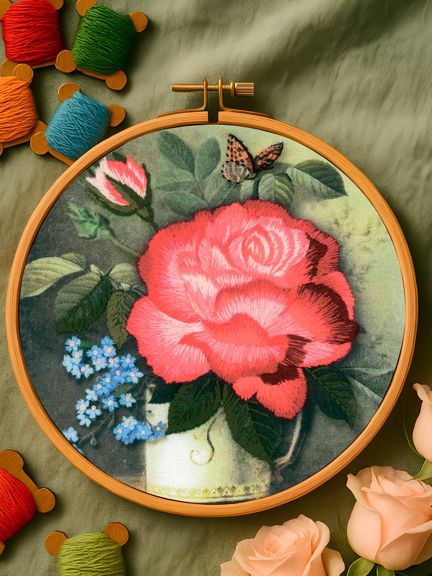 Набор для вышивания крестом Риолис, вышивка гладью по ткани "Роза пышная", 20*20см, 0105РТ