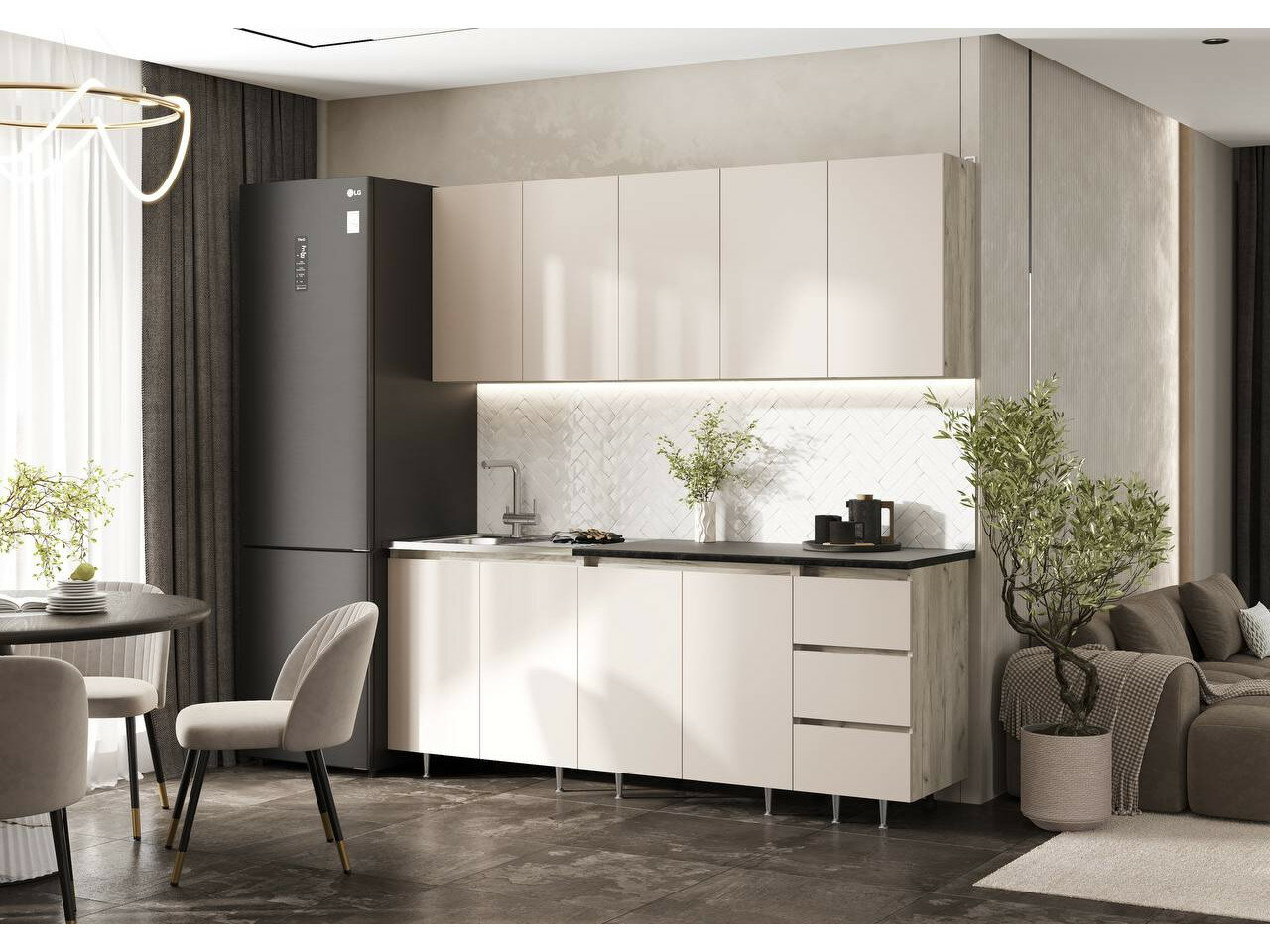 Кухонный гарнитур 2,0м ЛДСП, прямой, Дуб крафт серый/Кашемир