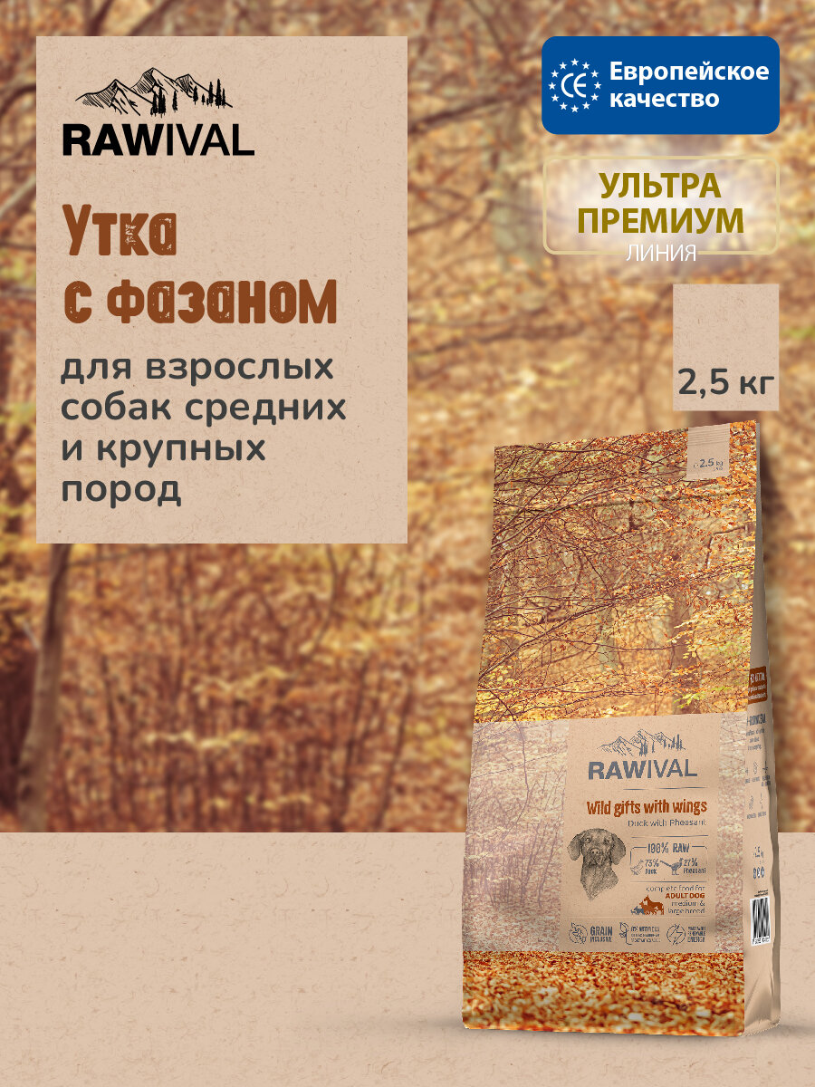 Сухой корм RAWIVAL Wild Gifts with Wings утка с фазаном для собак средних и крупных пород, 2,5 кг