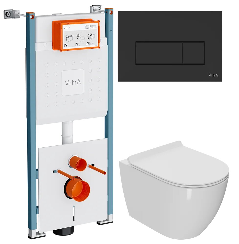 Комплект 3 в 1 Унитаз подвесной Bauedge Bau Ceramics / Инсталляция VitrA V-Fix Core 732-5800-01PV / Кнопка Root Square 740-2311 цвет матовый черный