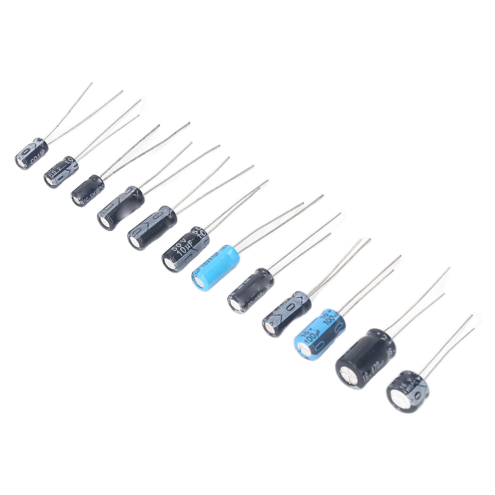 120 шт, 12 типов, комплект электролитических конденсаторов, 0,22‑470 мкФ, 50 В, 16 В, черные линейные конденсаторы