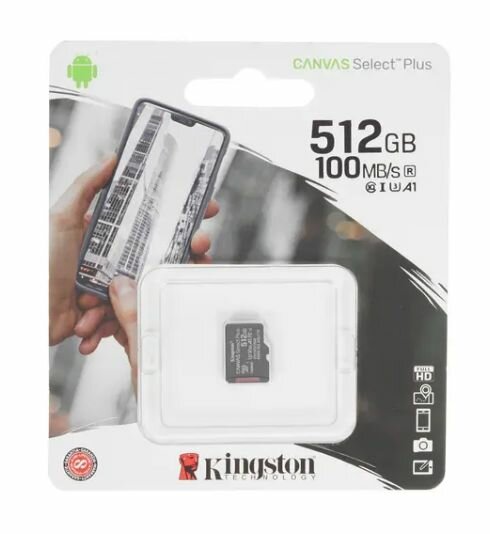 Карта памяти Kingston Canvas Select Plus microSDXC 512 ГБ (SDCS2/512GBSP) - A1, Сlass 10, UHS Class 3, Video Class 30, запись - 85 Мбайт/сек, чтение - 100 Мбайт/сек