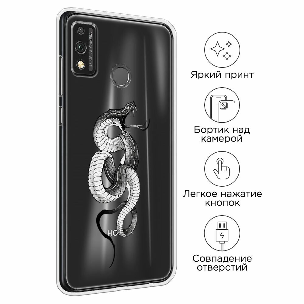 Чехол на Honor 9X Lite / Хонор 9X Лайт с принтом Монохромная змея рисунок, прозрачный — фото 1
