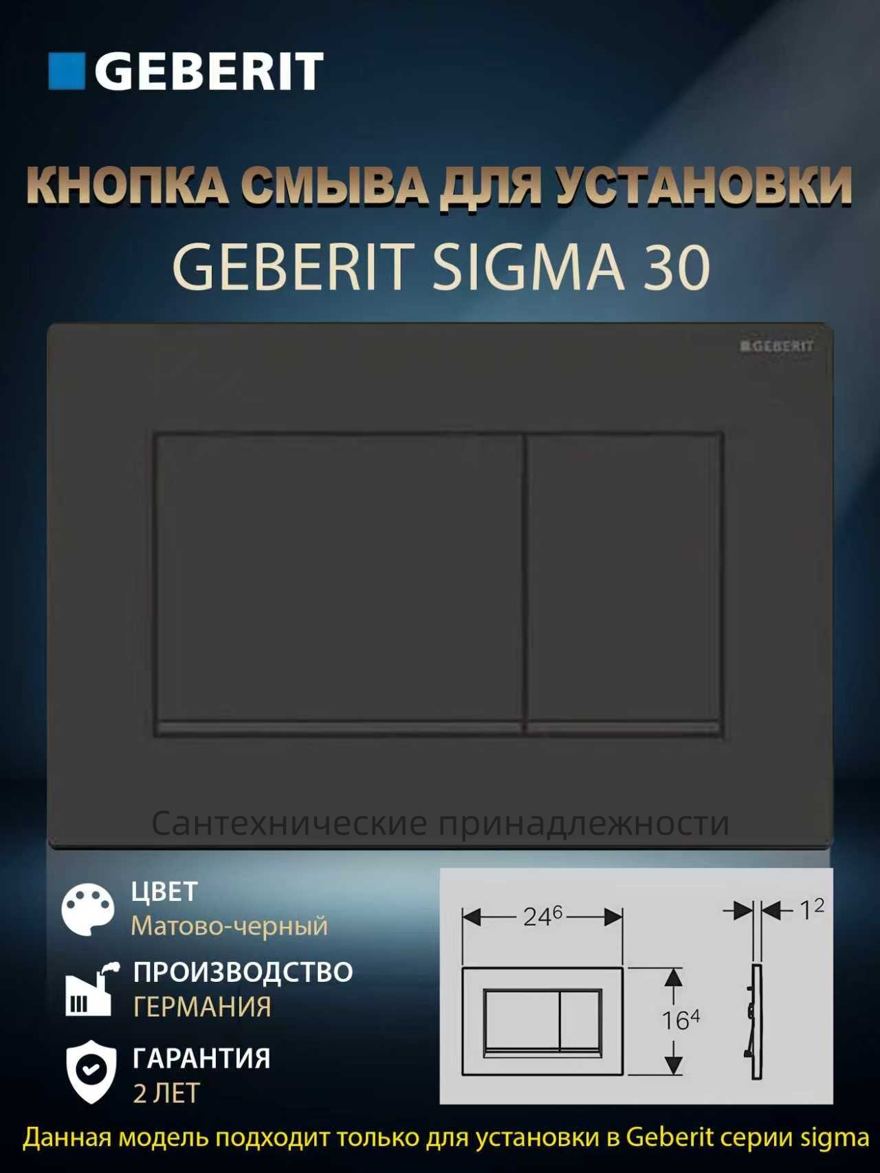 Кнопка смыва Geberit "Sigma 30", матовая, черная, для инсталляции