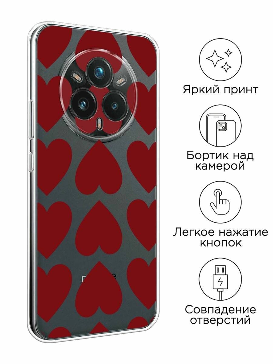 Чехол на Realme 14 Pro / Реалми 14 Про с принтом "Ряды сердечек паттерн - 14 февраля", прозрачный — фото 1