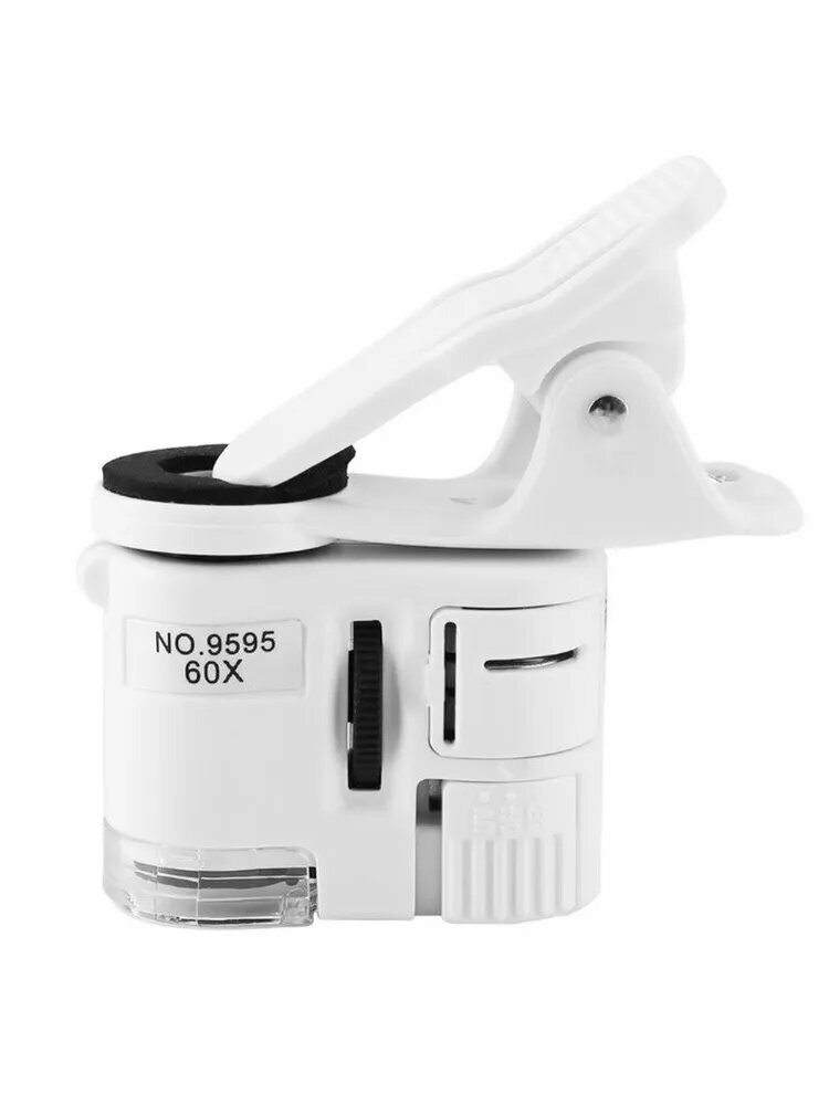 Карманный микроскоп 60x с подсветкой и клипсой 9595-W, портативный увеличитель для коллекционеров и детей