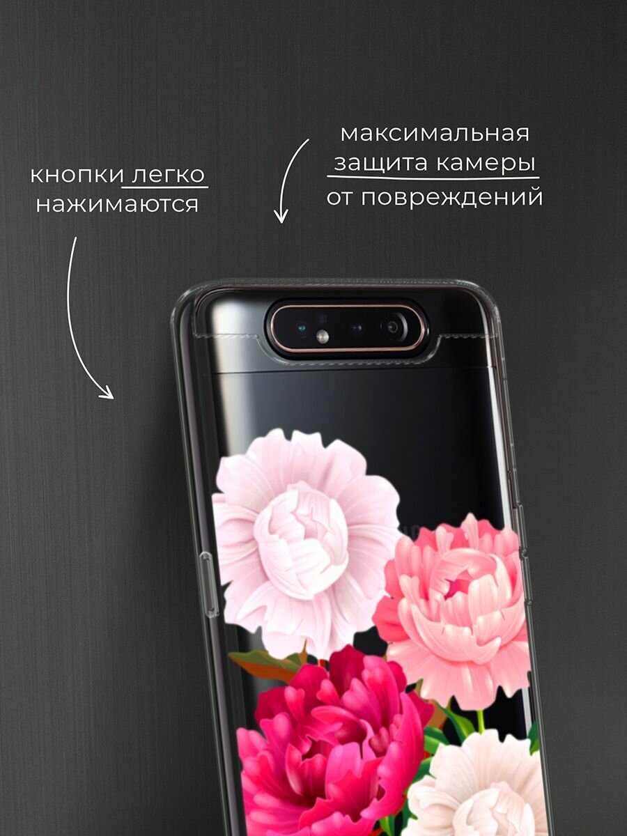 Чехол на Samsung Galaxy A80 / Самсунг Гэлакси A80 с принтом "Большие пионы", прозрачный — фото 1