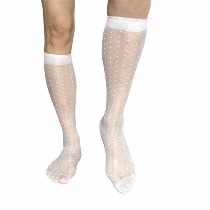 Плотные однотонные ультратонкие плоские прозрачные мужские чулки в горошек-белый