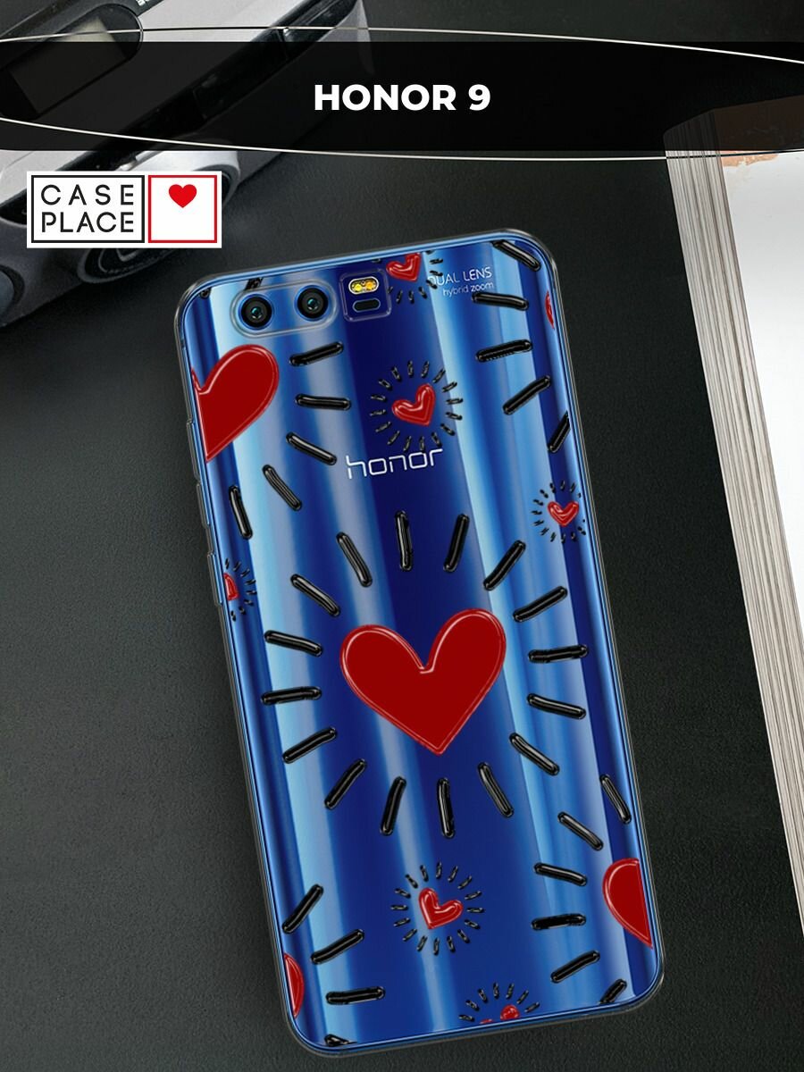 Чехол на Honor 9 / Хонор 9 с принтом "Бордовые сердца паттерн"
