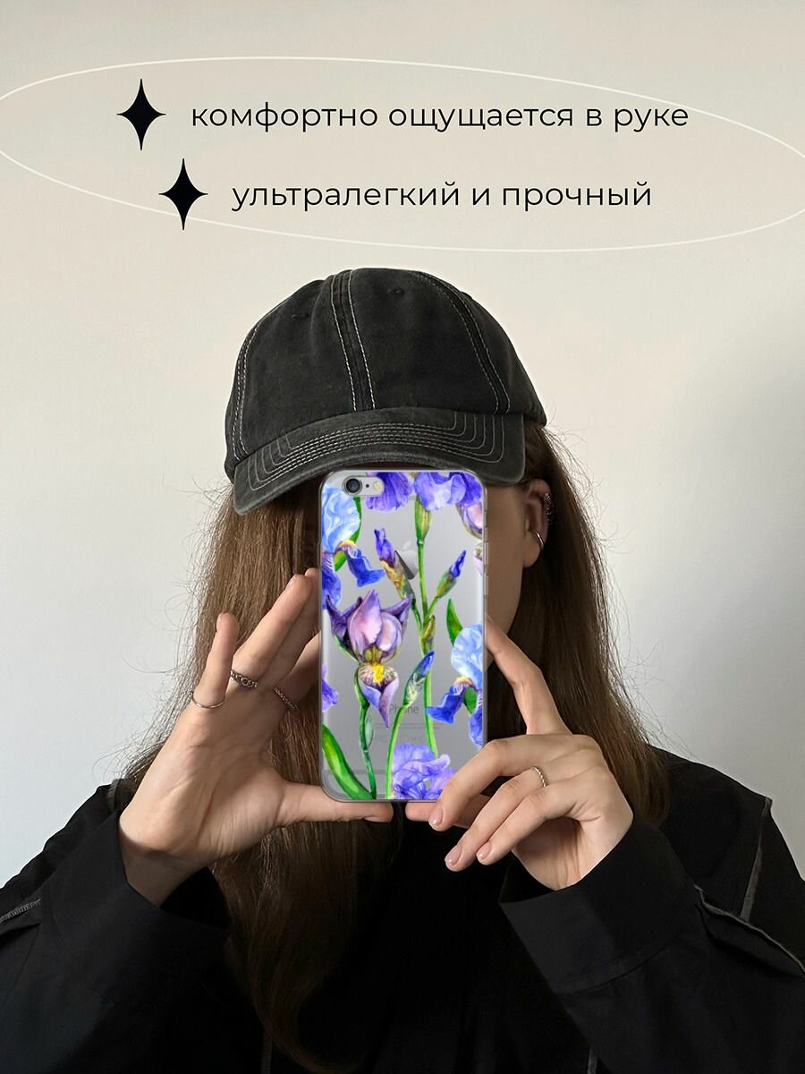 Чехол на Apple iPhone 6 / Айфон 6 с принтом "Синие ирисы", прозрачный — фото 1