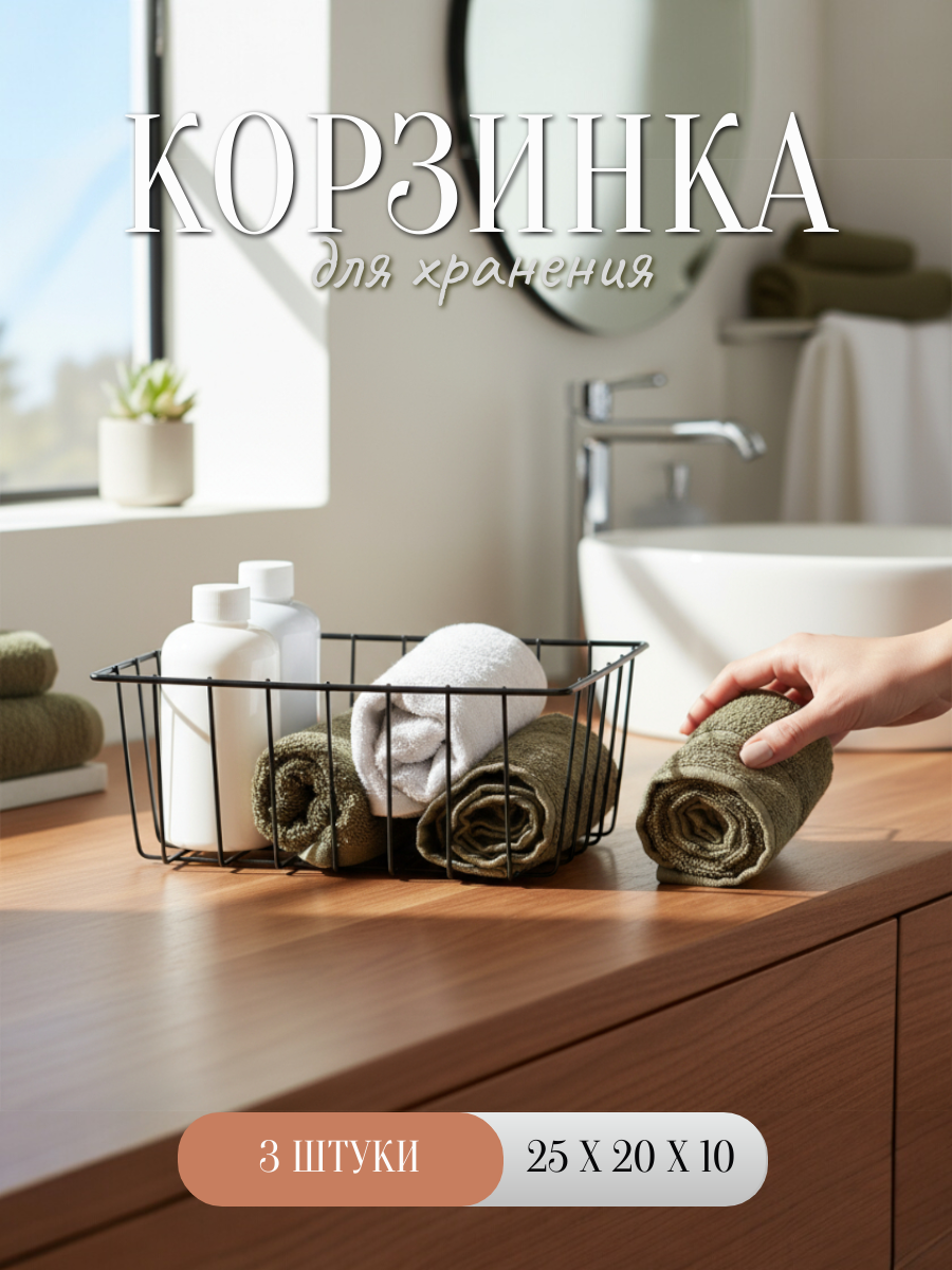 Органайзер для хранения, Корзина для хранения, металлическая, EASY-SYSTEM, черная матовая 25х20х10 см набор 3 штуки