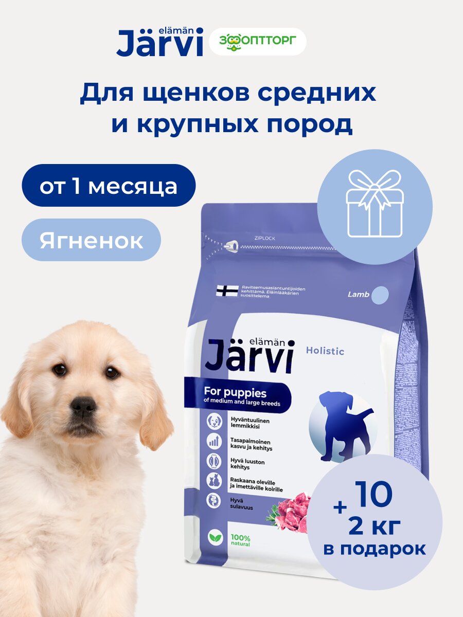 Сухой корм Jarvi полнорационный для щенков средних и крупных пород с ягненком, 12 кг