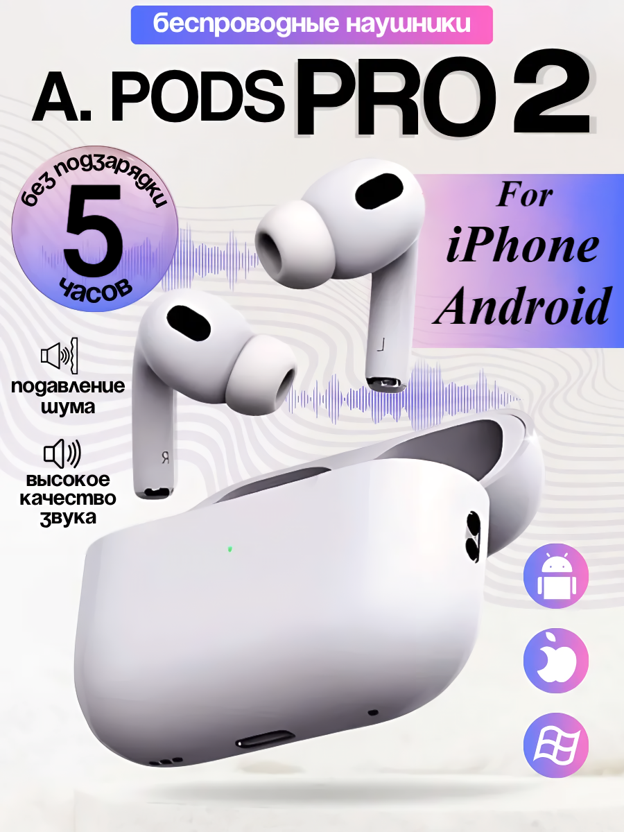 Наушники беспроводные, шумоподавление, для iOS и Android, беспроводная зарядка кейса