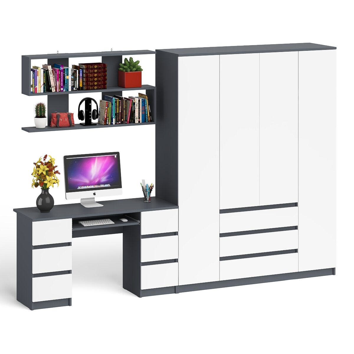 Большой 4-х дверный шкаф-комод Мори МШ1600.1 и стол с навесной полкой, графит/белый, 295,8х50,4х209,6 см.