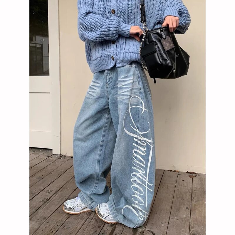 Охоты Брюки JYL Женские джинсы Чистый цвет Синее винтажное свободное с принтом 90-х японский уличный стиль