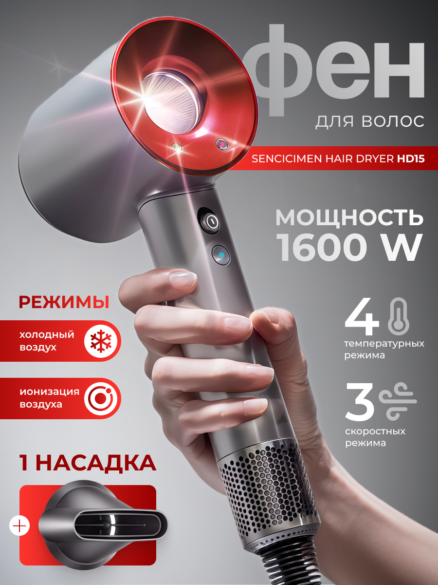 Фен для волос SenCiciMen Hair Dryer HD15 Red (1 насадка)
