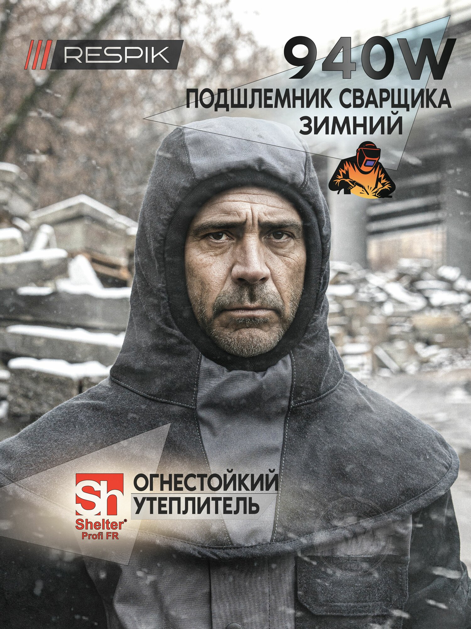 Огнестойкий зимний подшлемник RESPIK 940W с утеплителем Shelter - СИЗ сварщика, шапка, колпак, капюшон, под маску или каску, защита головы и шеи, черно-серый