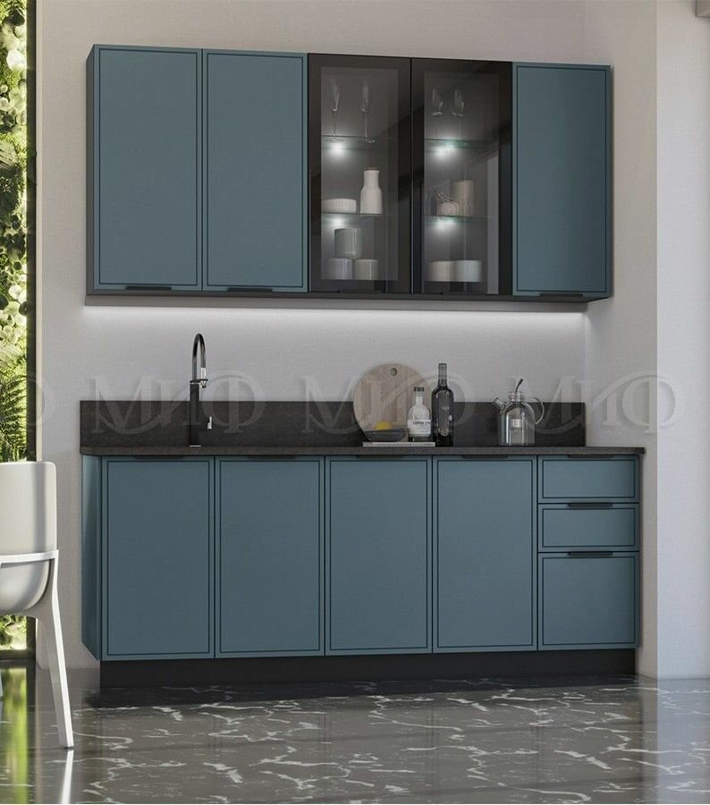 Кухонный гарнитур 2м/900 (490) Николь браш блю, графит со столешницей, МИФ