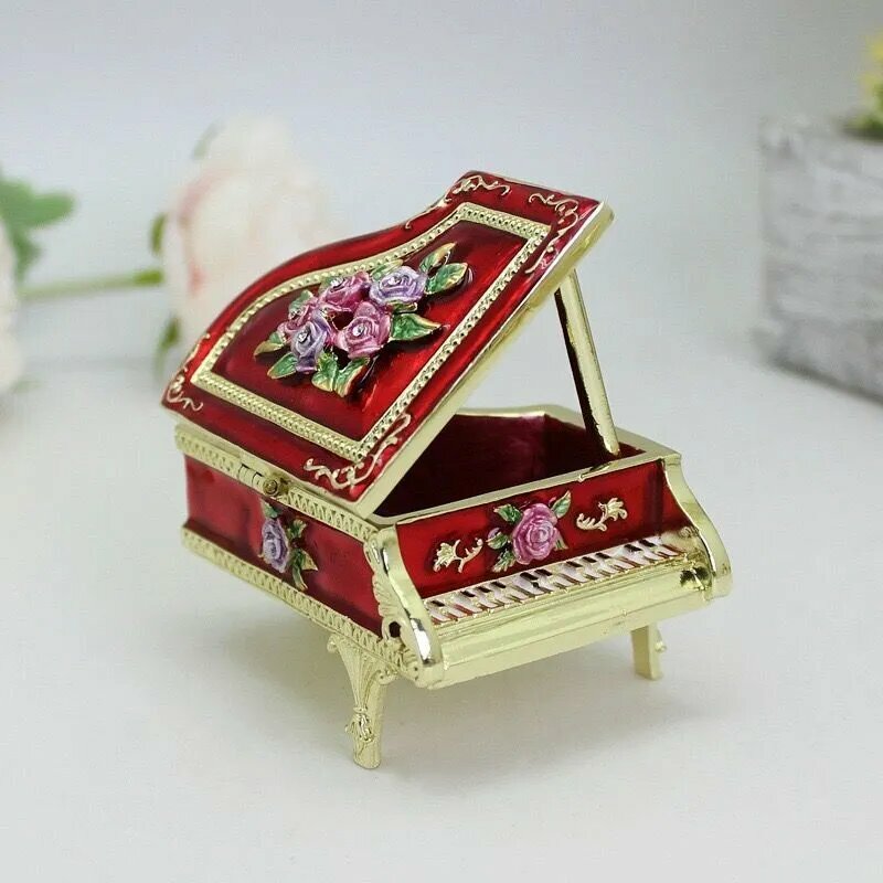 Шкатулка-декор "Роза на пианино" для украшений, эмалевая, красная, ручная работа, 5x7x4 см, интерьерный декор, подарок