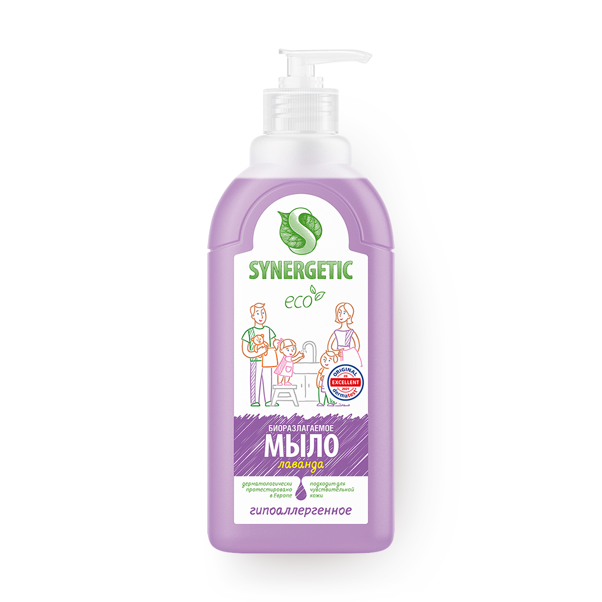 Жидкое мыло Synergetic "Лаванда", для рук, гипоаллергенное, с дозатором, 500 мл