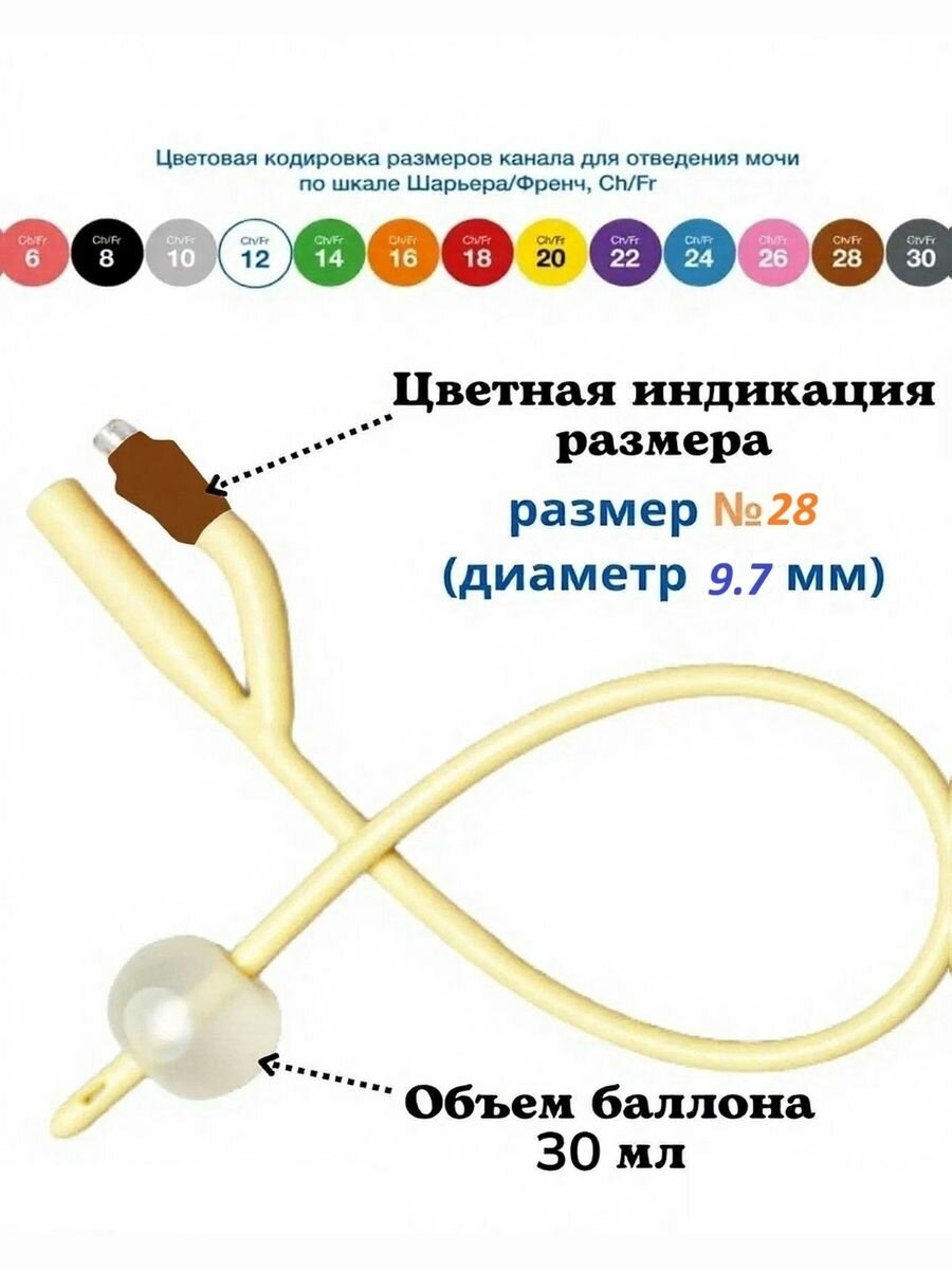 Катетер урологический Фолея латексный стерильный одноразовый 28 Ch/Fr 10шт — фото 1