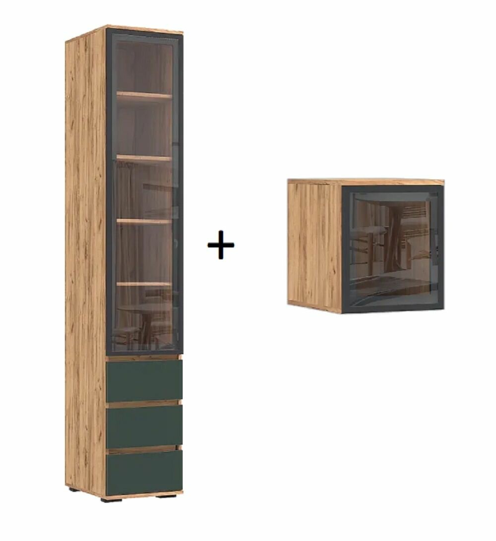 Норд Пенал-стекло 40 см. с ящиками + антресоль. Изумрудный, Дуб Крафт