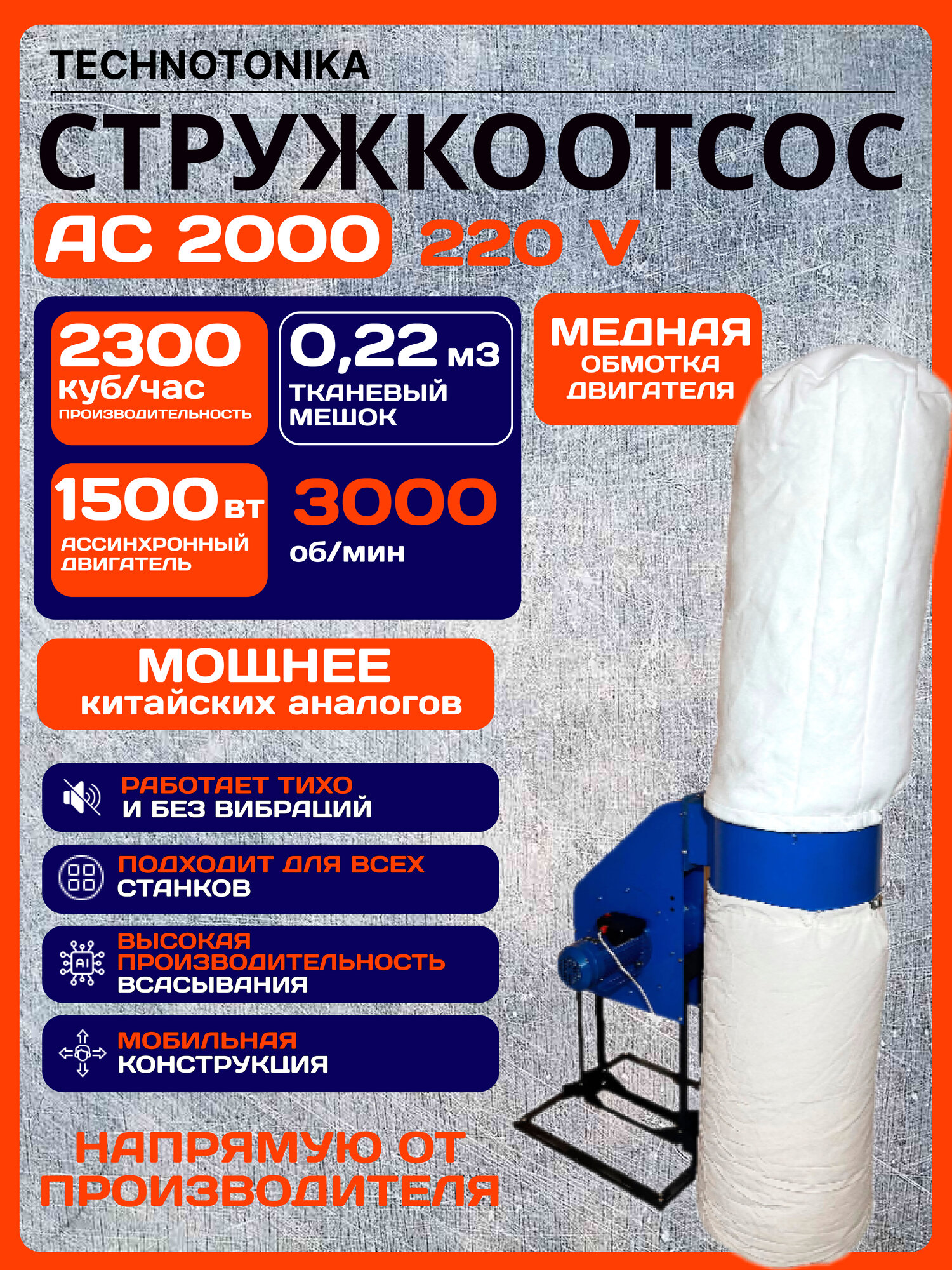 Вытяжная установка (стружкоотсос) TECHNOTONIKA АС-2000 1.5 квт 220V