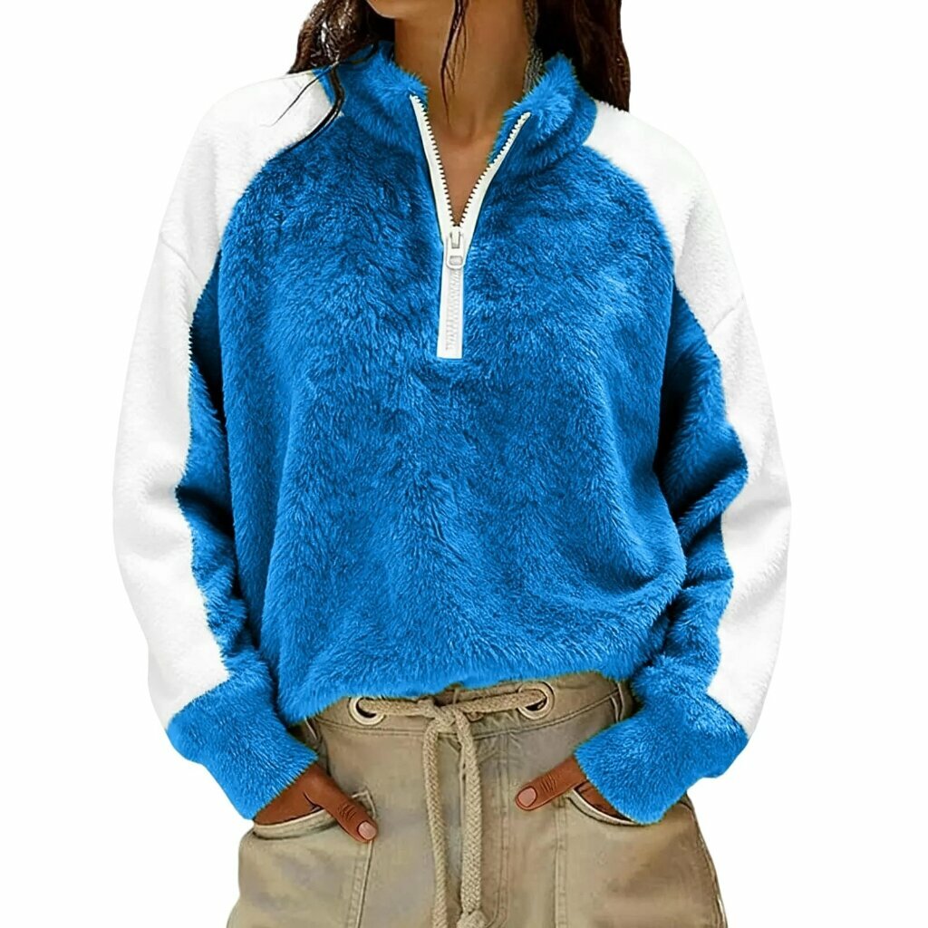 Женский пуловер из овечьего флиса, мягкий флисовый зимний свитер с отворотом контрастного цвета на молнии на четверть дюйма-небесно-голубой-M
