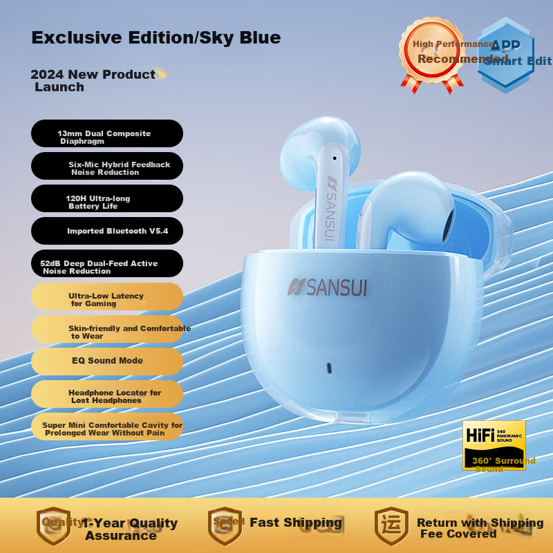 SANSUI W27【Innovative Half In-Ear Active Noise Cancelling】True Wireless Bluetooth Earbuds Double Gold Label Version Gaming Running Sports Earphones Long Battery Life High Sound Quality Sky Blue