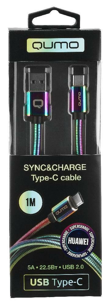 Кабель Qumo, USB 2.0-Type C, 1м, 5/9/12В, 5A, 22.5Вт (Huawei FCP и SCP), опл. металл. пружинка, кон. металл, rainbow