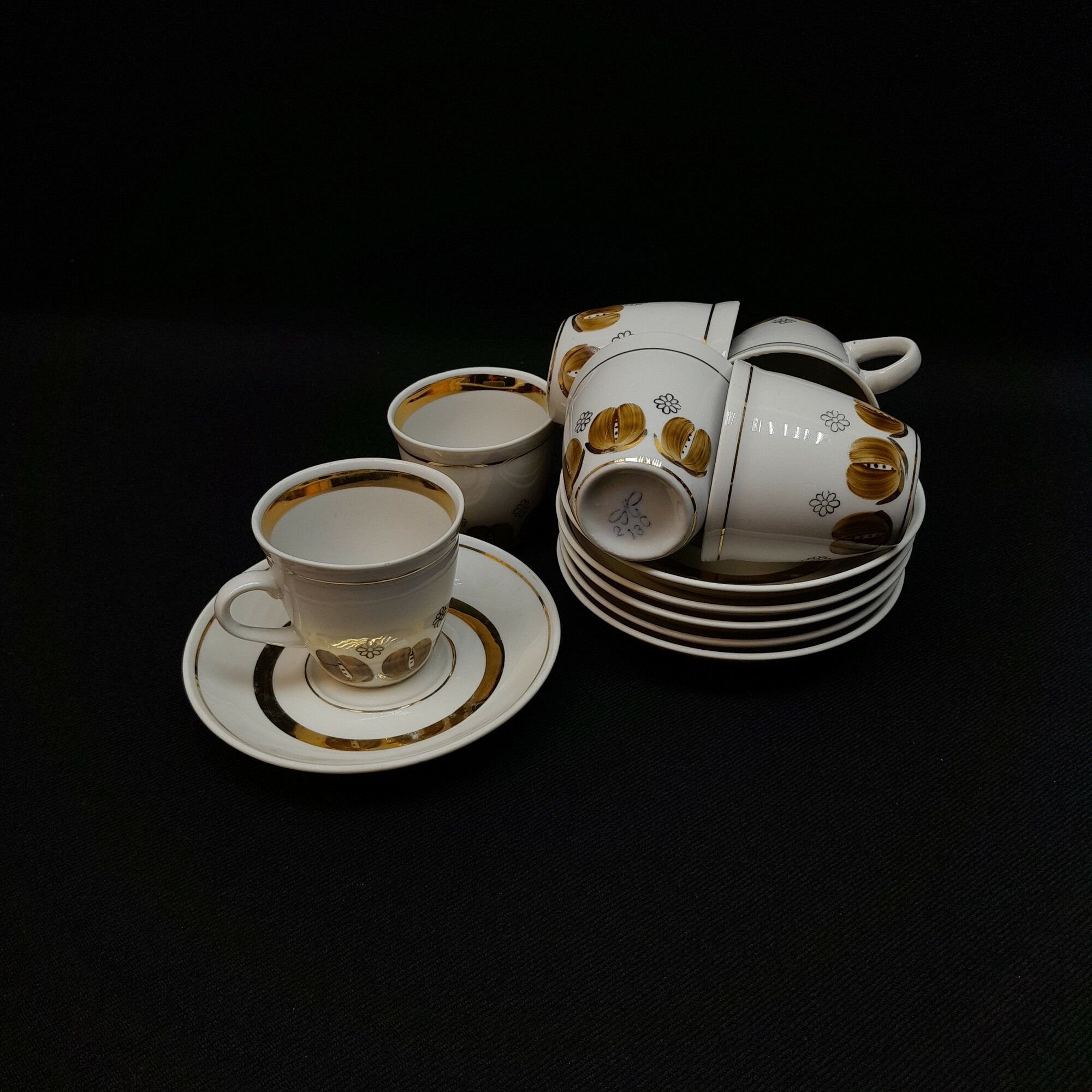 Набор кофейных пар 75 мл 6 шт, Полонное, фарфор, роспись, позолота. Винтаж, СССР.