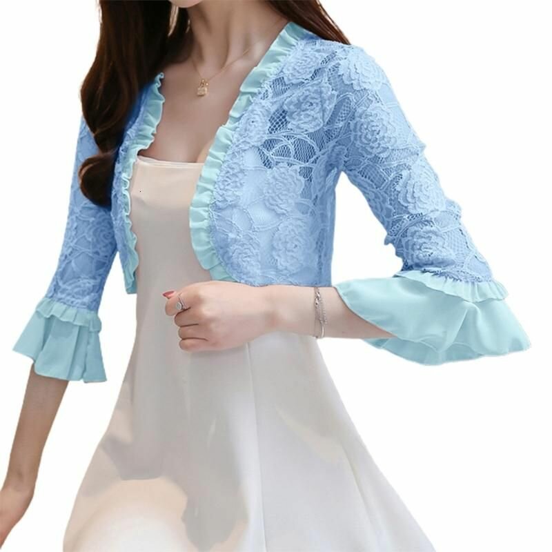 Женский летний короткий топ с кружевом, Синий - S